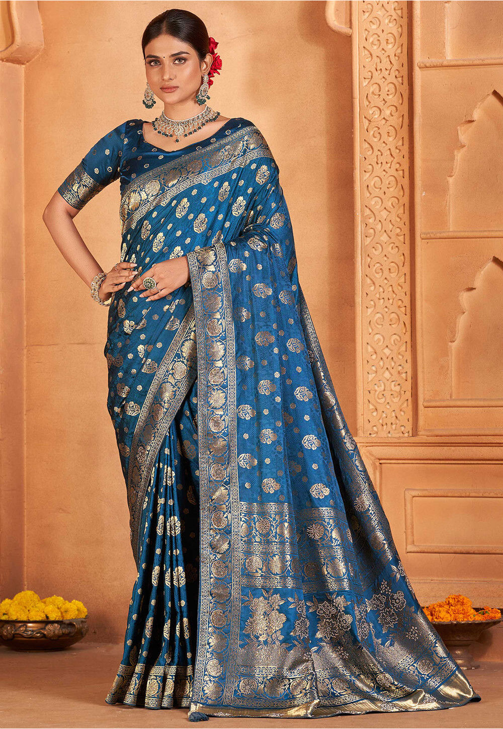 Buy Woven Satin Silk Saree in Blue Online : SKGA2708 - Utsav Fashion