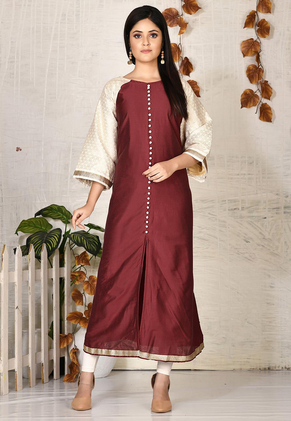 Buy Woven Sleeve Cotton Silk Front Slit Kurta in Maroon Online ...
