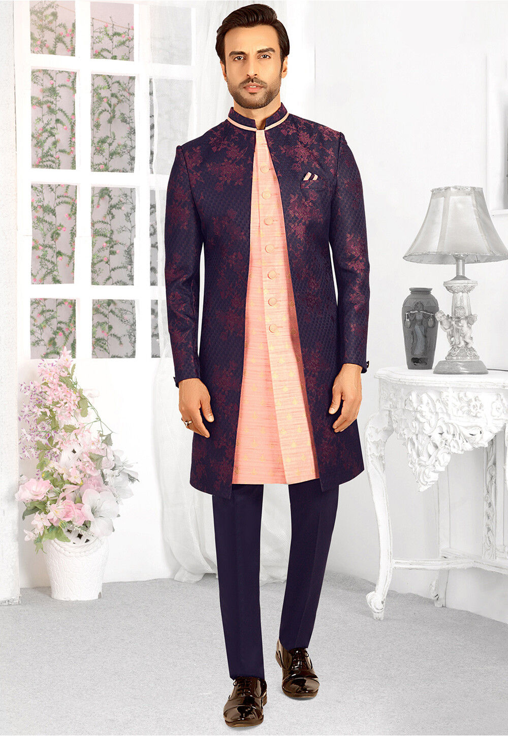 Buy Woven Terry Rayon Jacket Style Sherwani in Peach and Navy Blue ...