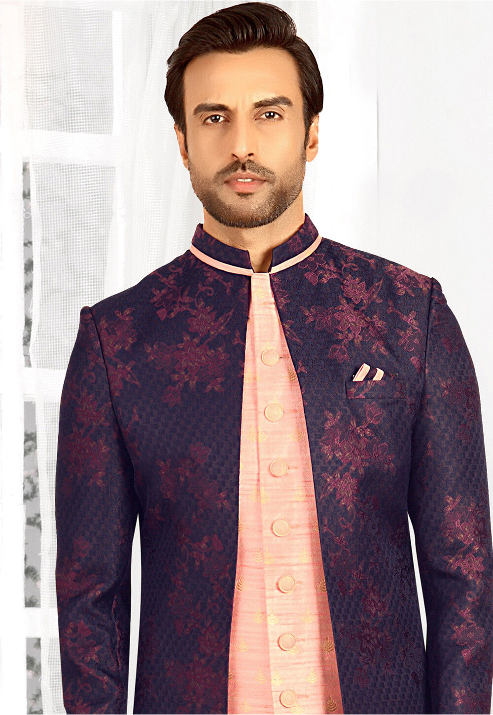 Buy Woven Terry Rayon Jacket Style Sherwani in Peach and Navy Blue ...