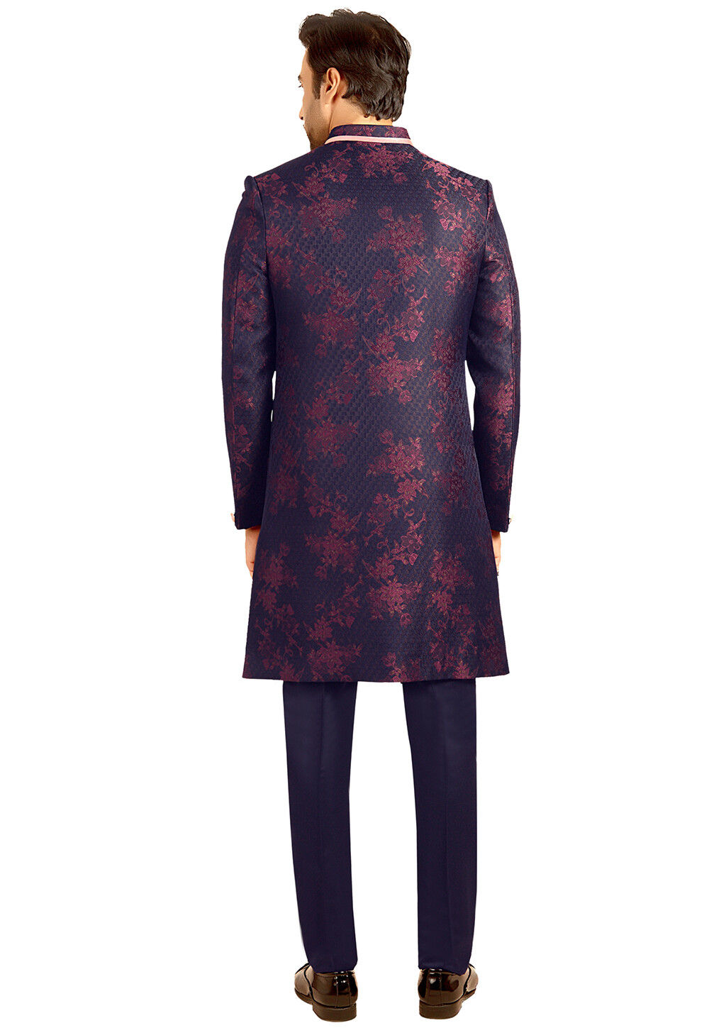 Buy Woven Terry Rayon Jacket Style Sherwani in Peach and Navy Blue ...