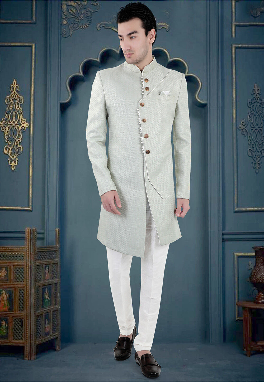 Woven Terry Rayon Jacquard Asymmetric Sherwani in Light Grey : MHG2467