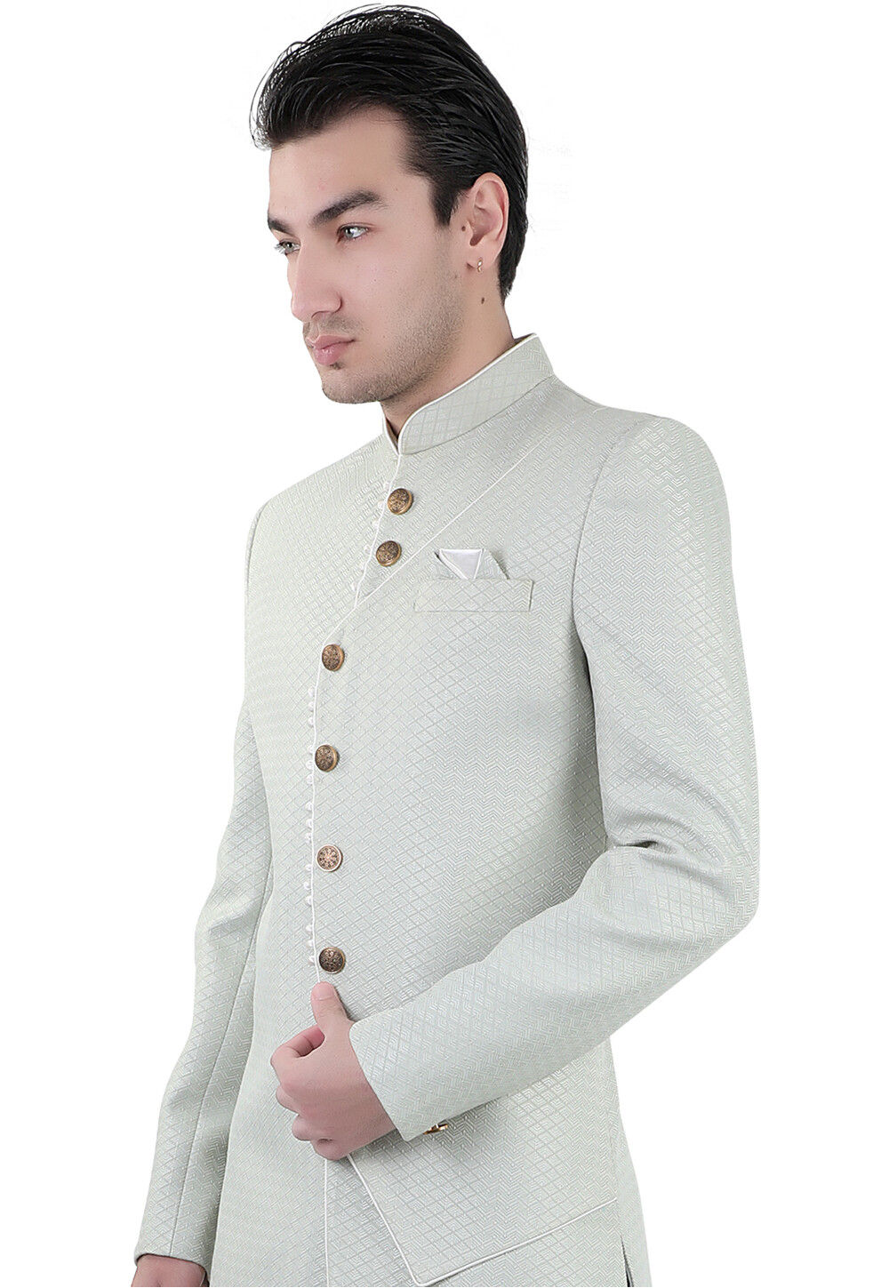 Woven Terry Rayon Jacquard Asymmetric Sherwani in Light Grey : MHG2467