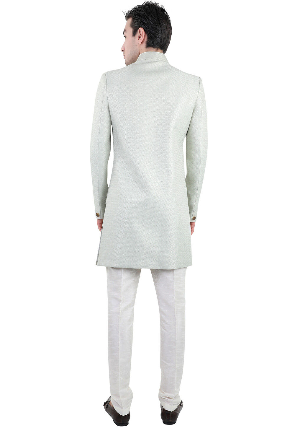 Woven Terry Rayon Jacquard Asymmetric Sherwani in Light Grey : MHG2467