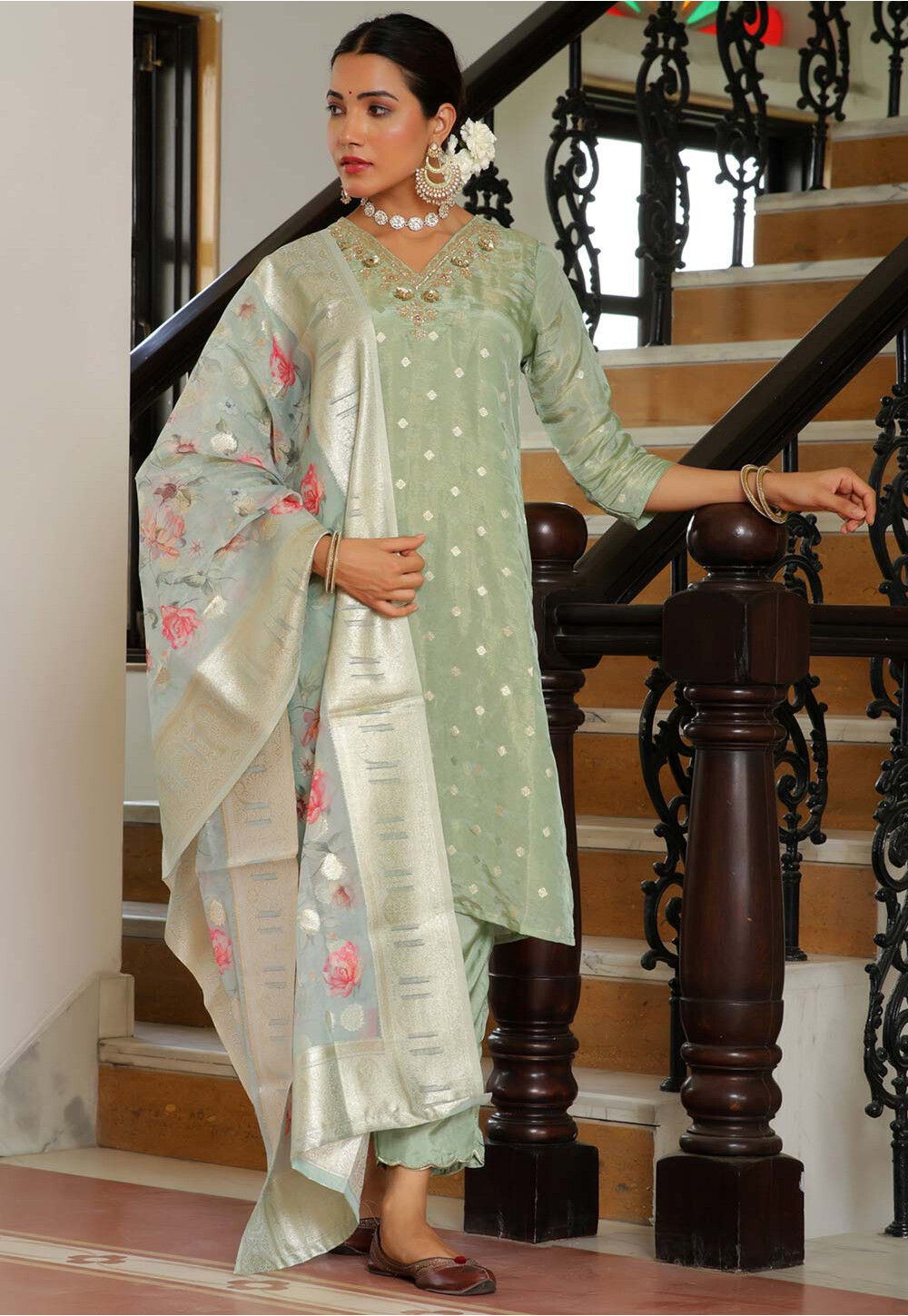 Buy Woven Tissue Brocade Pakistani Suit in Dusty Green Online : KJN4635 ...