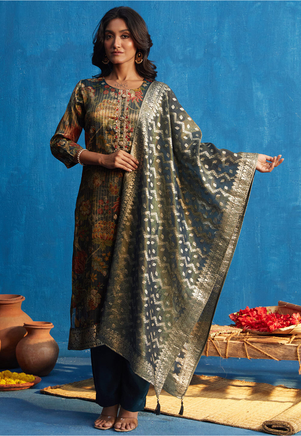 Buy Woven Tissue Jacquard Pakistani suit in Dusty Blue Online : KNG181 ...