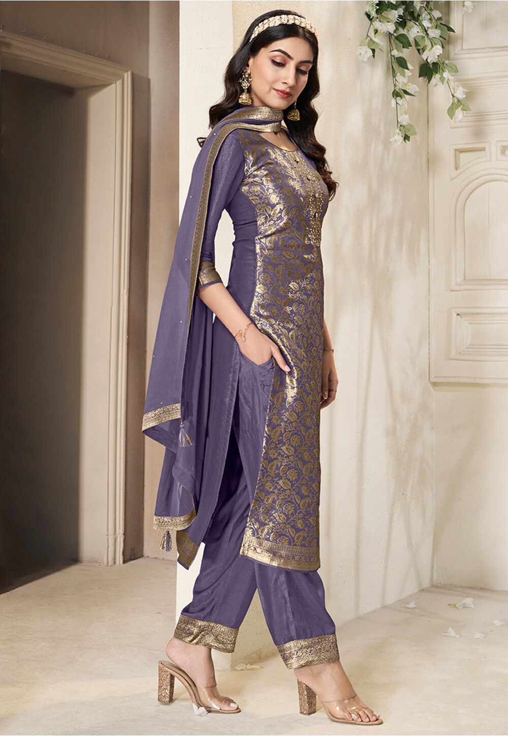 Buy Woven Tissue Jacquard Pakistani Suit in Dusty Purple Online ...