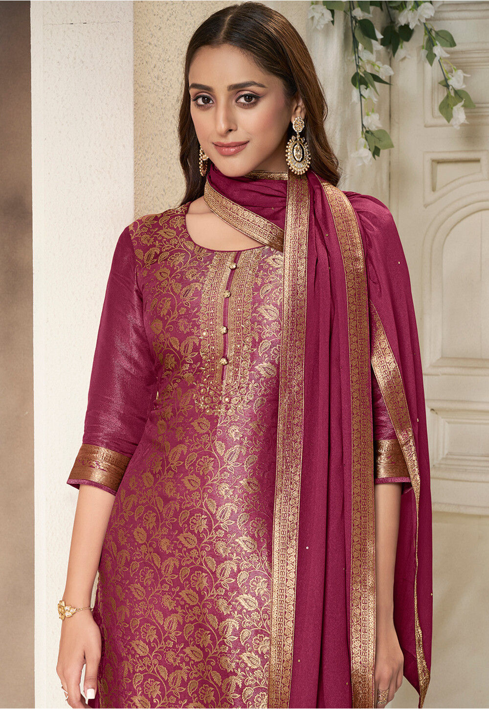 Buy Woven Tissue Jacquard Pakistani Suit in Magenta Online : KKE230 ...