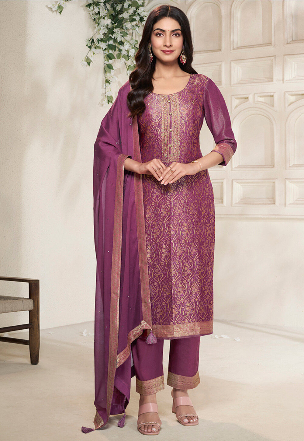 Buy Woven Tissue Jacquard Pakistani Suit in Purple Online : KKE228 ...