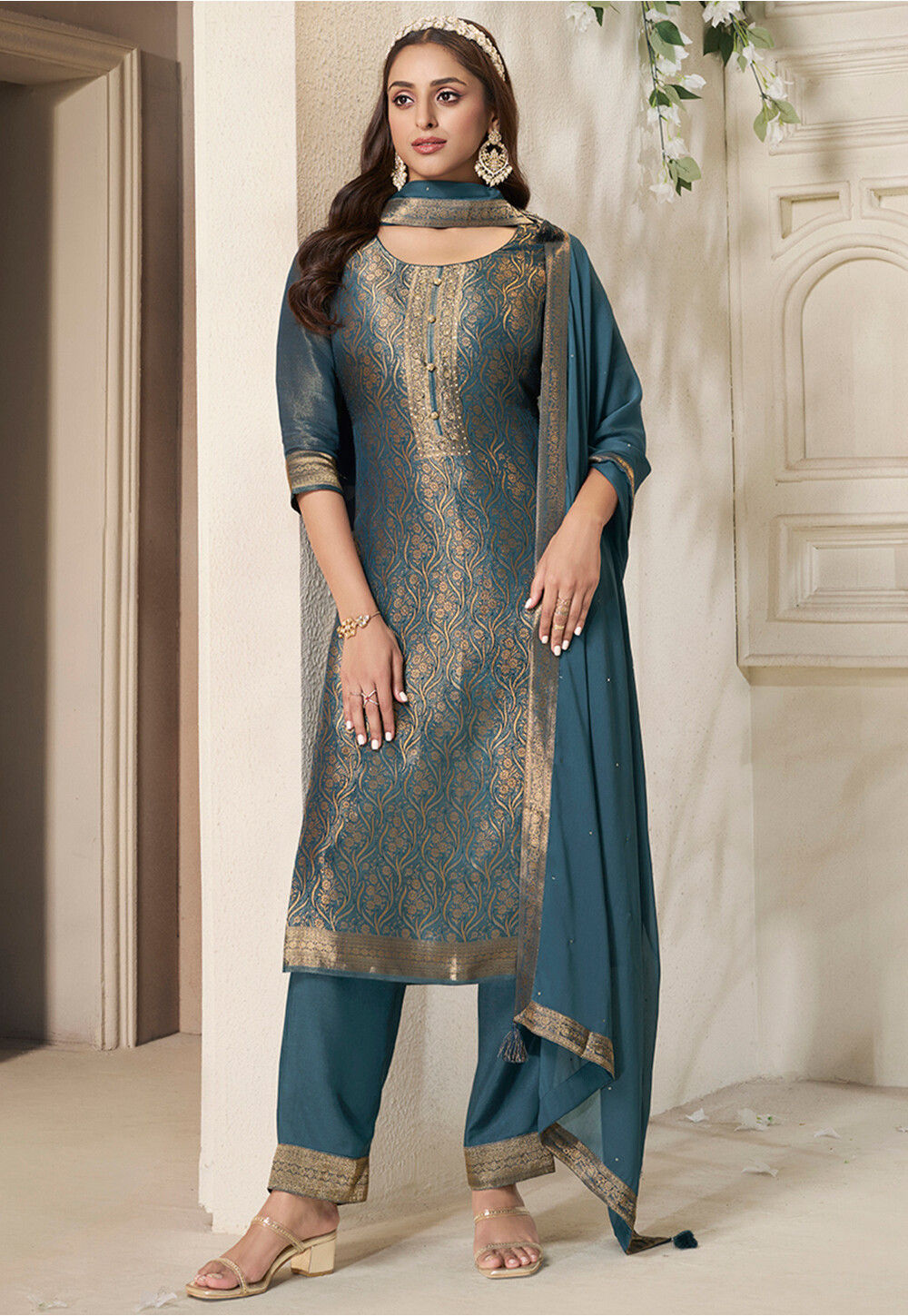 Buy Woven Tissue Jacquard Pakistani Suit in Teal Blue Online : KKE229 ...