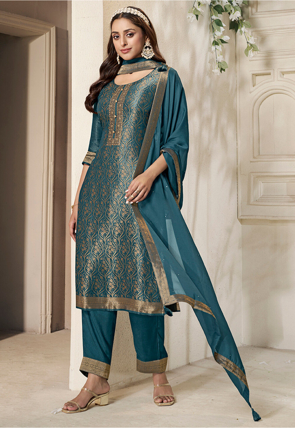 Buy Woven Tissue Jacquard Pakistani Suit in Teal Blue Online : KKE229 ...