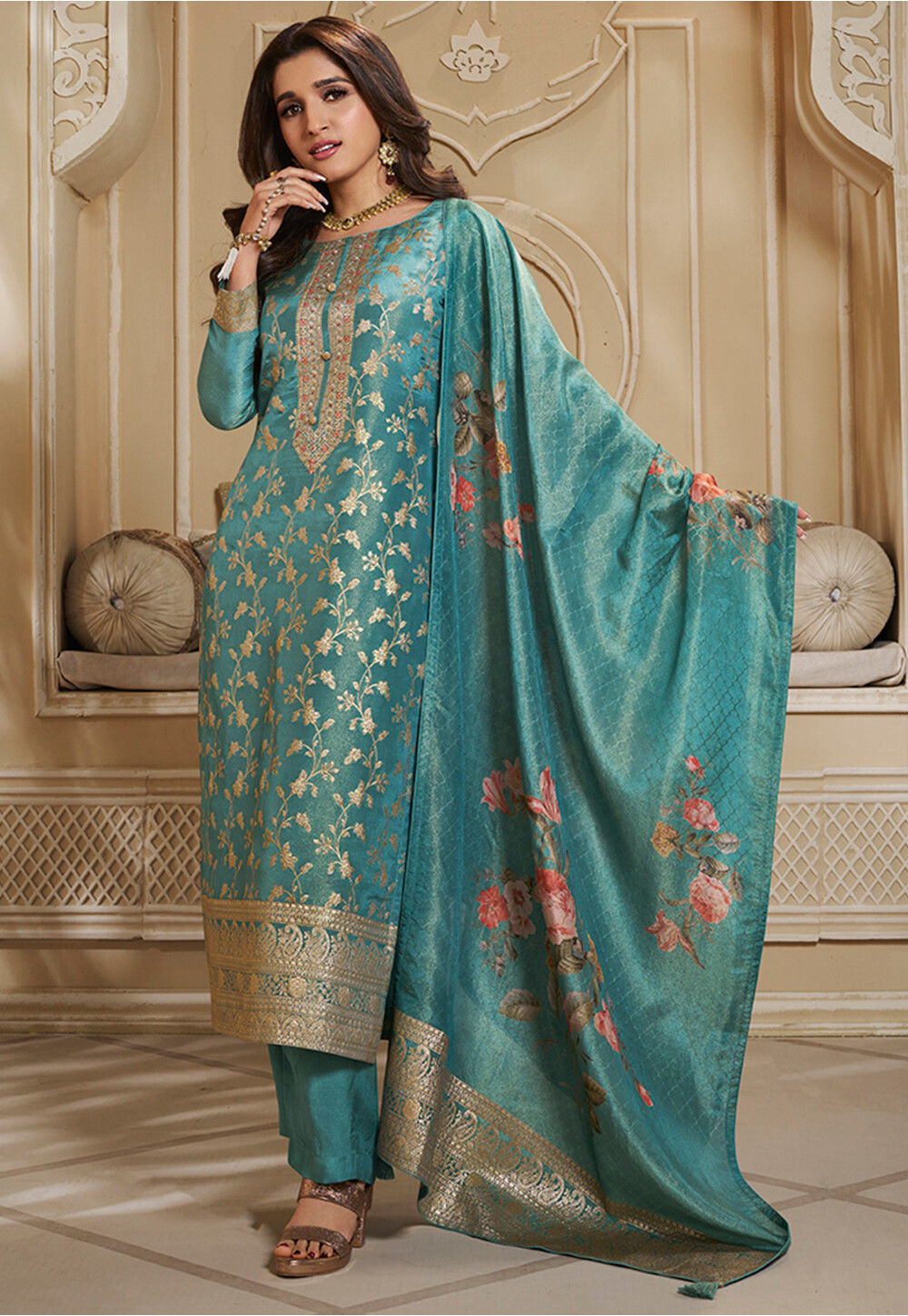 Woven Tissue Pakistani Suit in Teal Blue