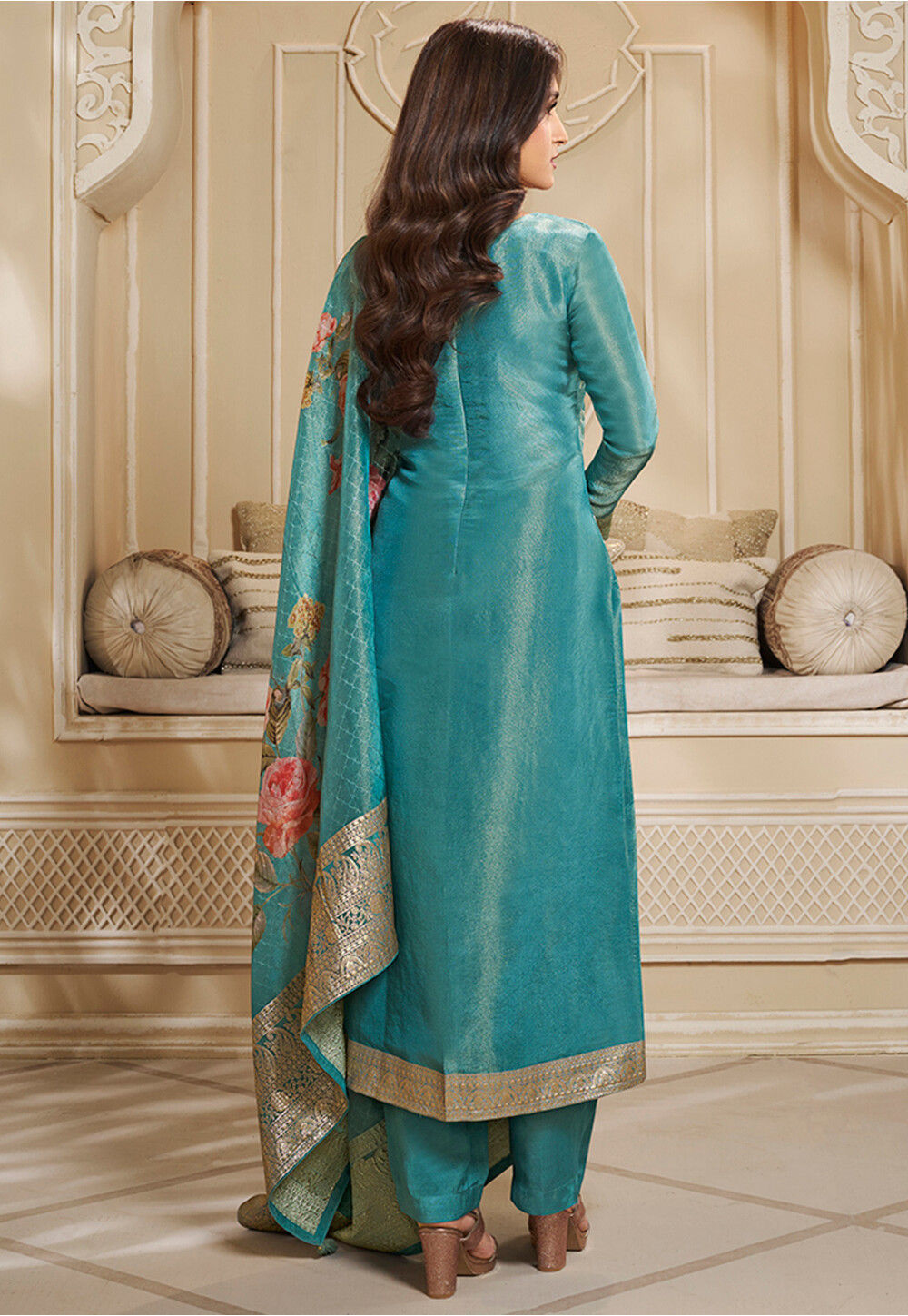Woven Tissue Pakistani Suit in Teal Blue