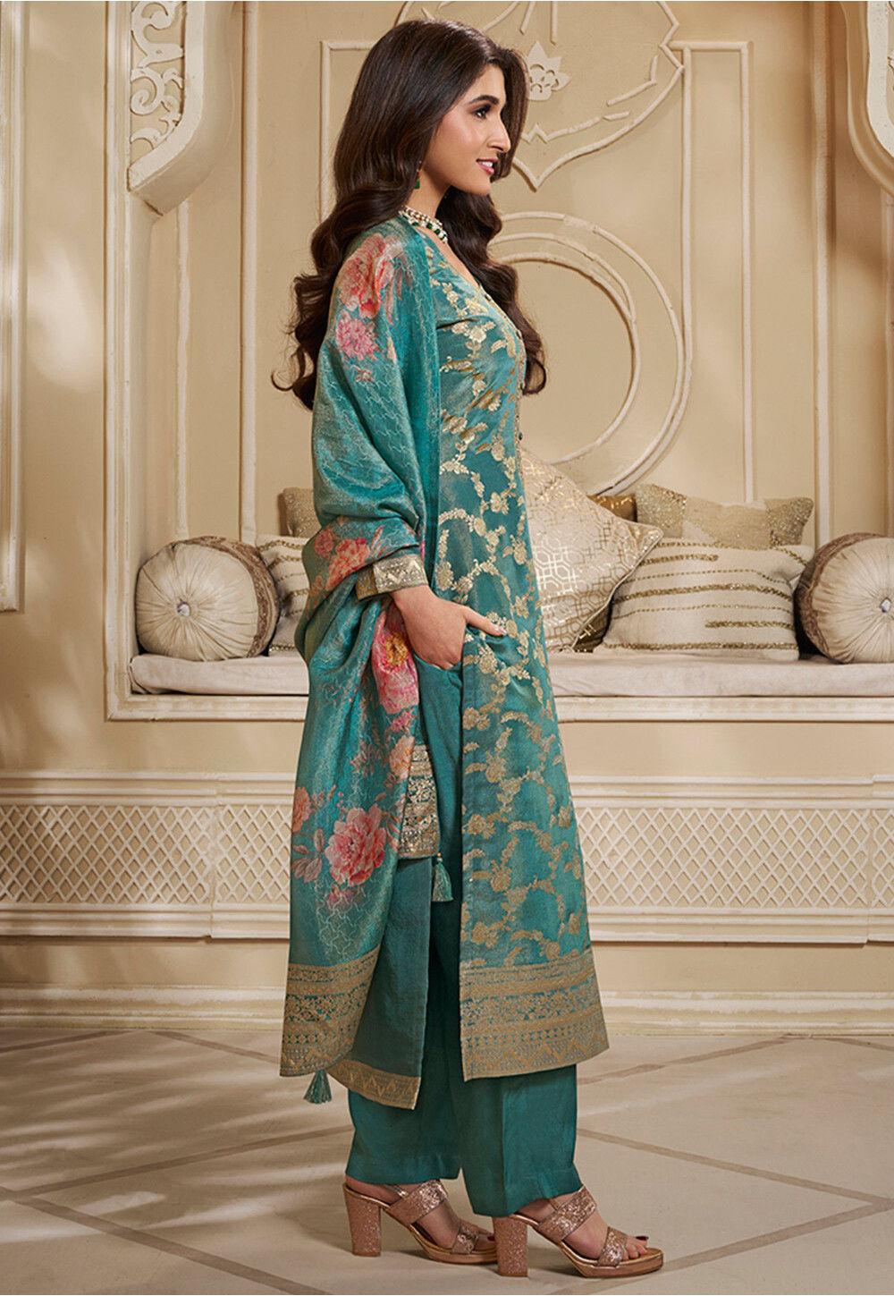 Buy Woven Tissue Pakistani Suit in Teal Green Online : KKE141 - Utsav ...