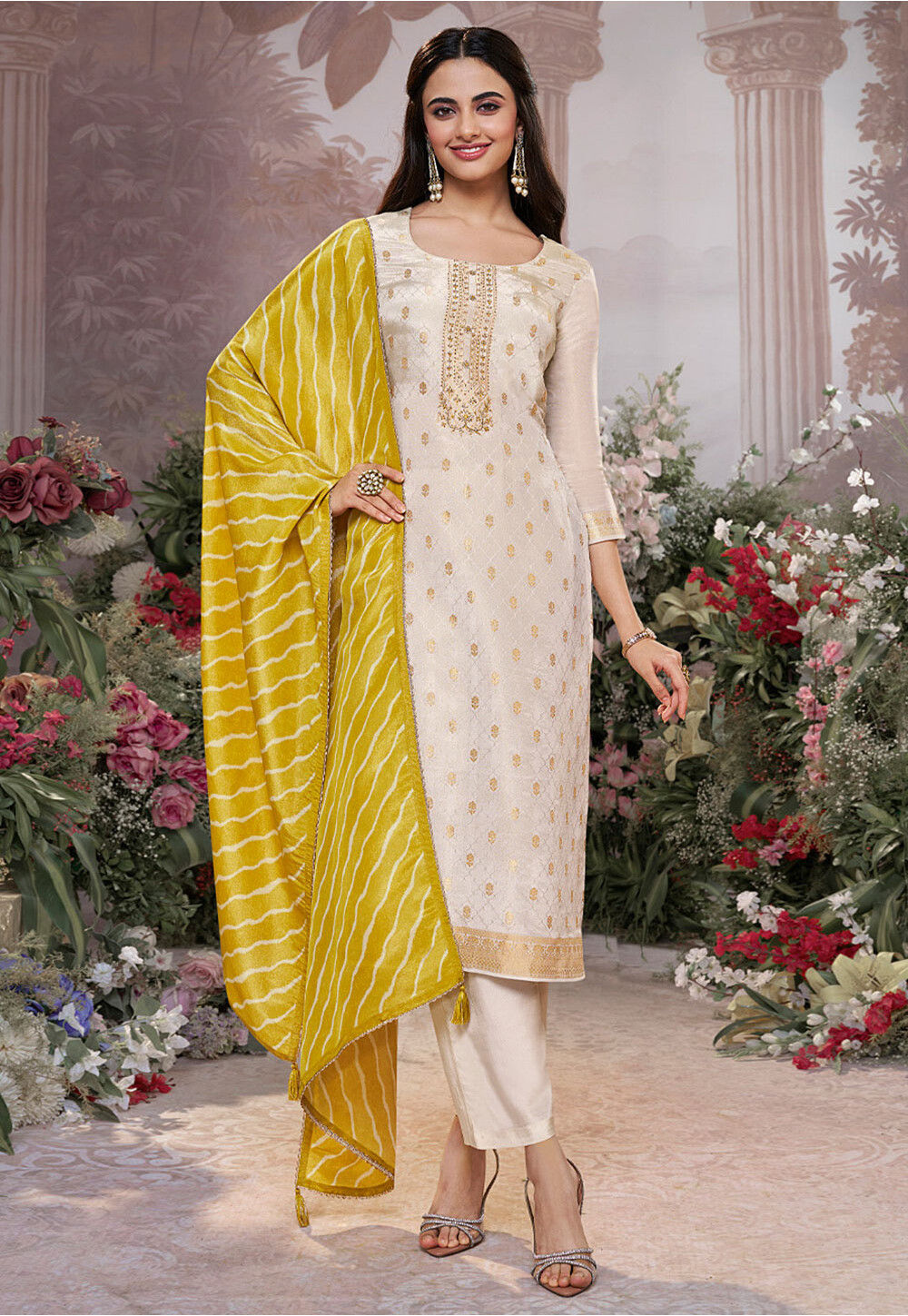 Buy Woven Tissue Silk Pakistani Suit in Cream Online : KKE282 - Utsav ...