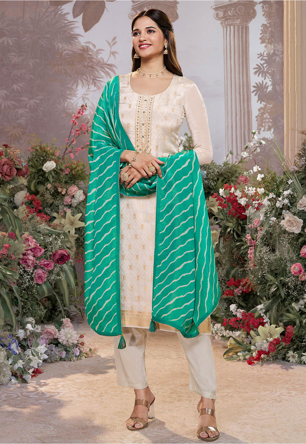 Buy Woven Tissue Silk Pakistani Suit in Cream Online : KKE283 - Utsav ...