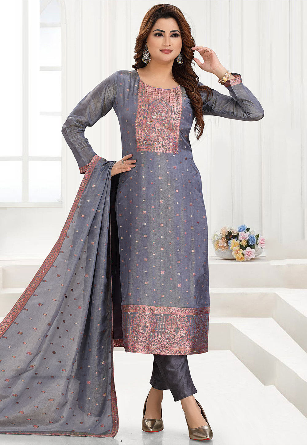 Buy Woven Tissue Silk Pakistani Suit in Grey Online : KBN924 - Utsav ...