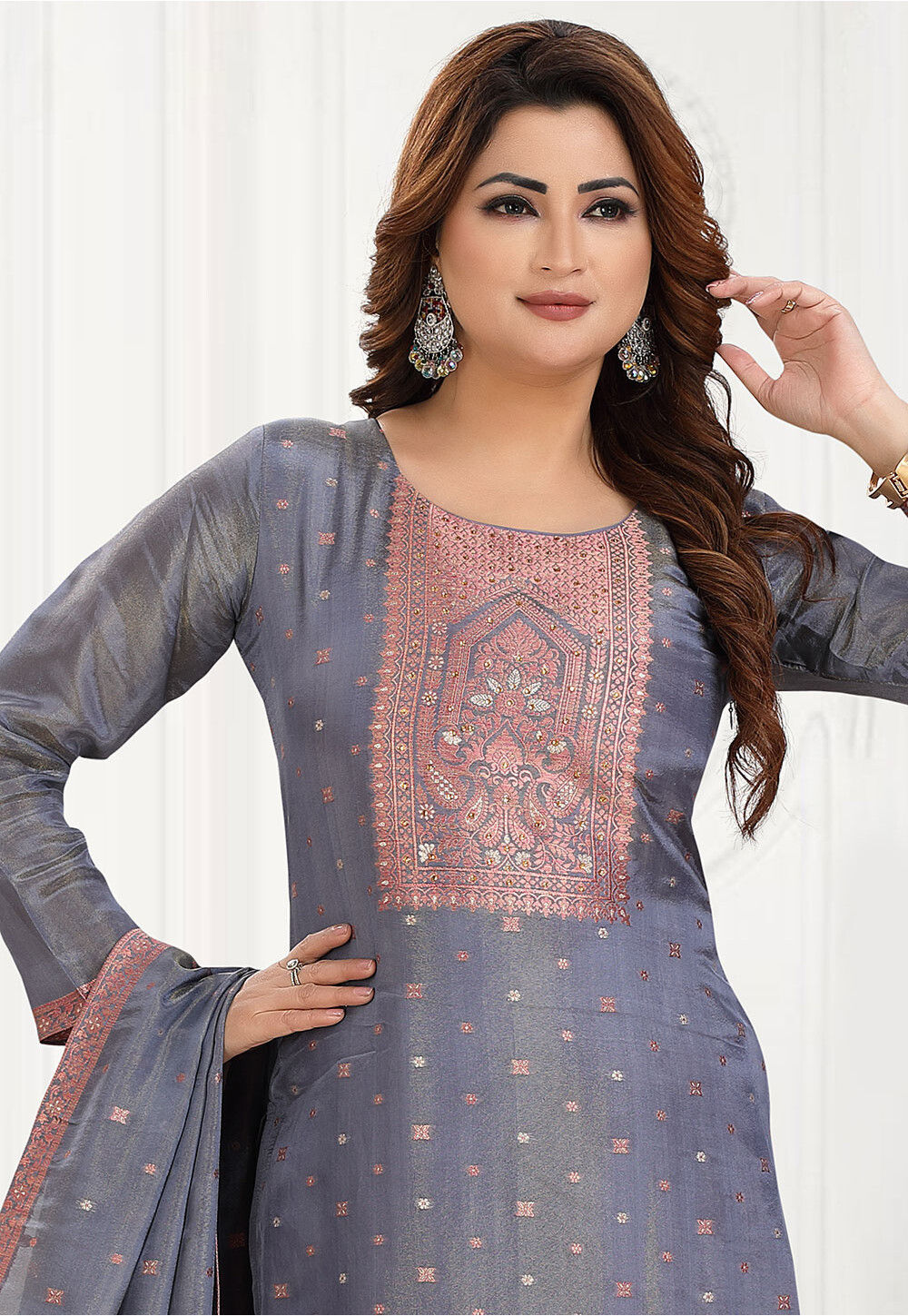 Buy Woven Tissue Silk Pakistani Suit in Grey Online : KBN924 - Utsav ...