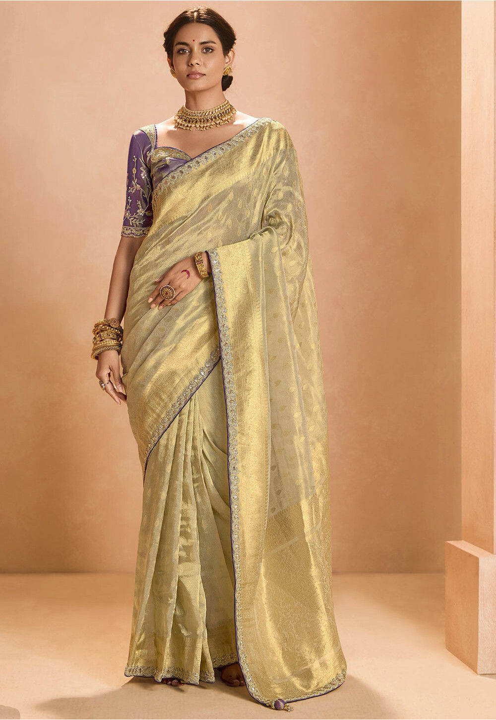 Buy Woven Tissue Silk Saree in Beige Online : SSEA3964 - Utsav Fashion