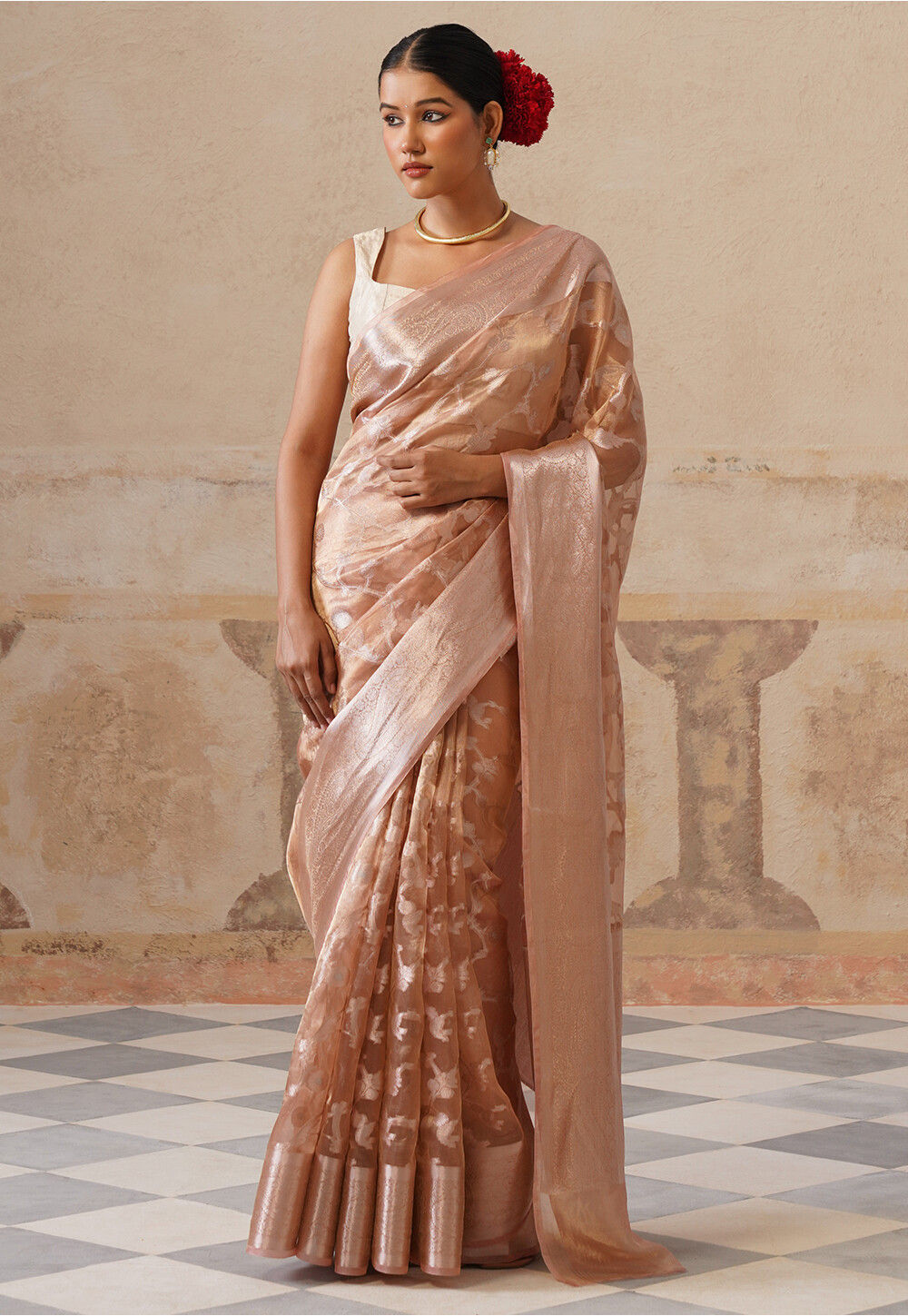 Buy Woven Tissue Silk Saree in Peach Online : SAP411 - Utsav Fashion