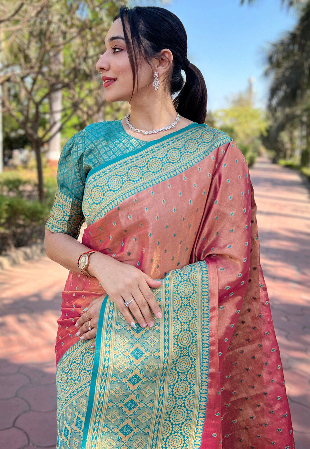 Buy Woven Tissue Silk Saree in Pink Online : SPF12354 - Utsav Fashion