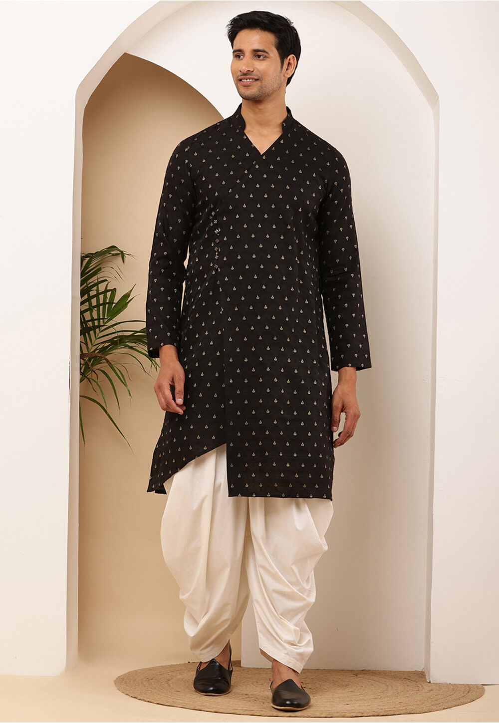 Buy Woven Viscose Rayon Asymmetric Kurta Set in Black Online : MNR224 ...