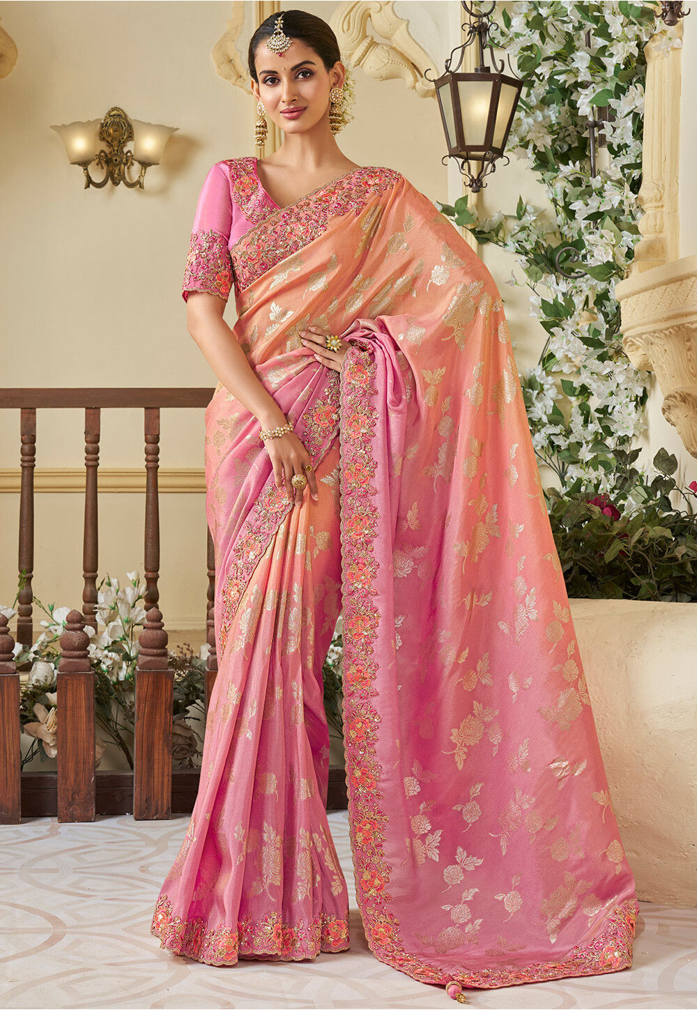 Buy Woven Viscose Silk Saree in Shaded Peach and Pink Online : SEW15828 ...