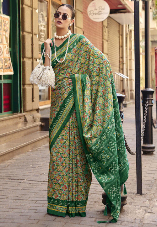 Buy Ajrakh Printed Art Silk Saree in Teal Green Online : SSEA10180 ...