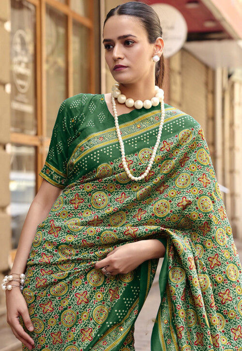 Buy Ajrakh Printed Art Silk Saree in Teal Green Online : SSEA10180 ...