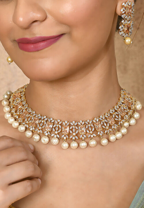 Buy American Diamonds Studded Necklace Set Online : JDF107 - Utsav Fashion