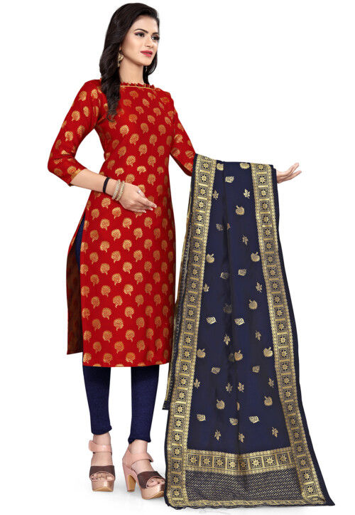 Buy Banarasi Straight Suit in Red Online : KJC3340 - Utsav Fashion
