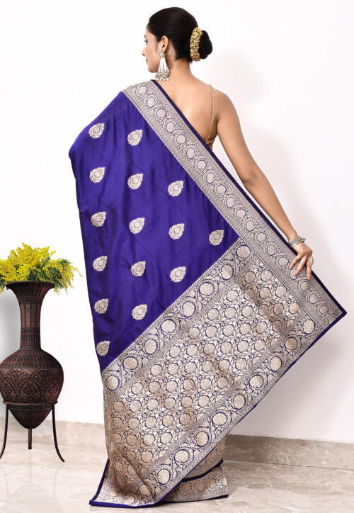 Buy Banarasi Pure Katan Silk Handloom Saree in Royal Blue Online : SGWA203 - Utsav Fashion