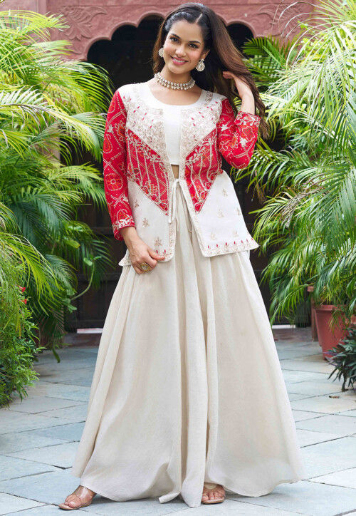 Buy Bandhej Printed Art Silk Crop Top Set in Off White Online : TWJ5683 ...
