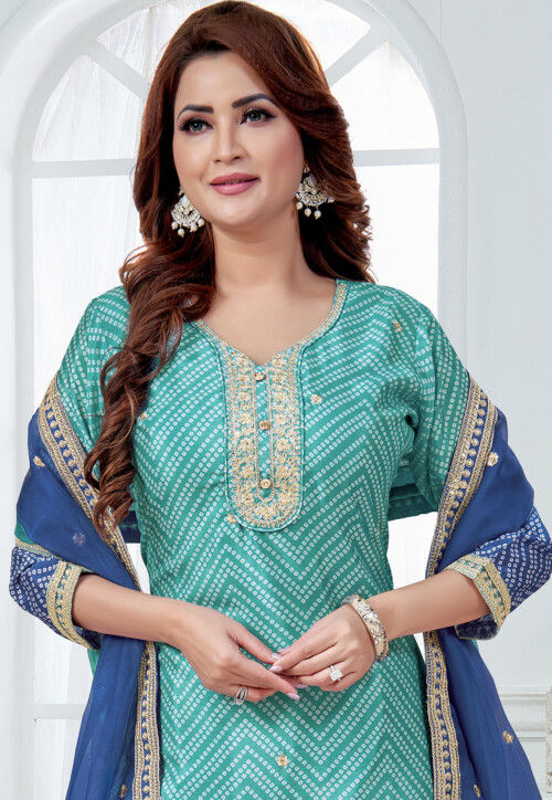 Buy Bandhej Printed Art Silk Pakistani Suit in Teal Green Online ...