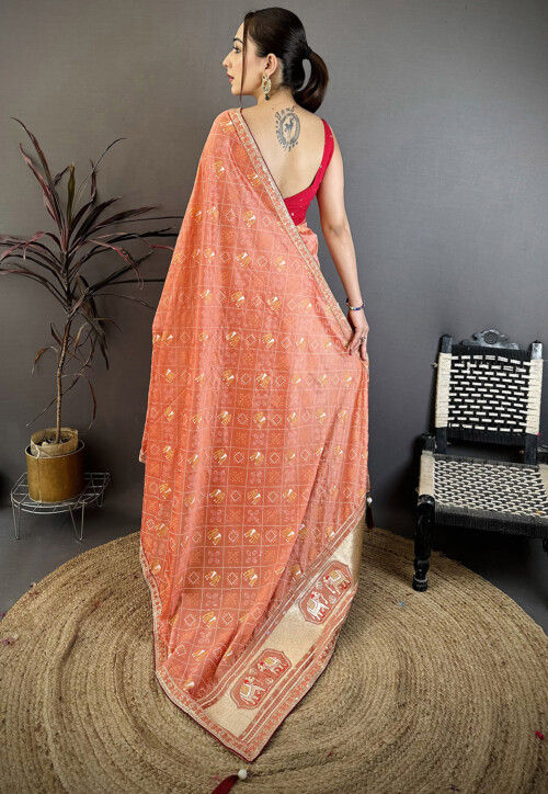 Buy Bandhej Printed Art Silk Saree in Peach Online : SEJ2432 - Utsav ...