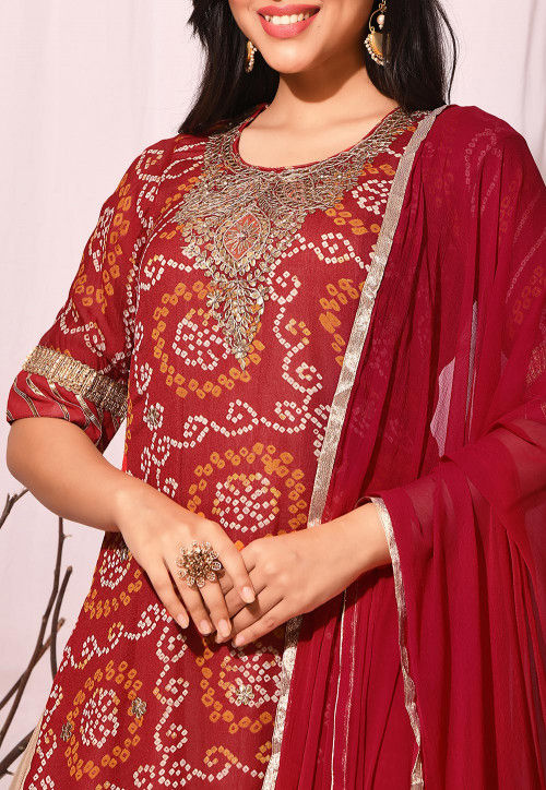 Buy Bandhej Printed Chinon Crepe Abaya Style Suit in Red and Beige ...