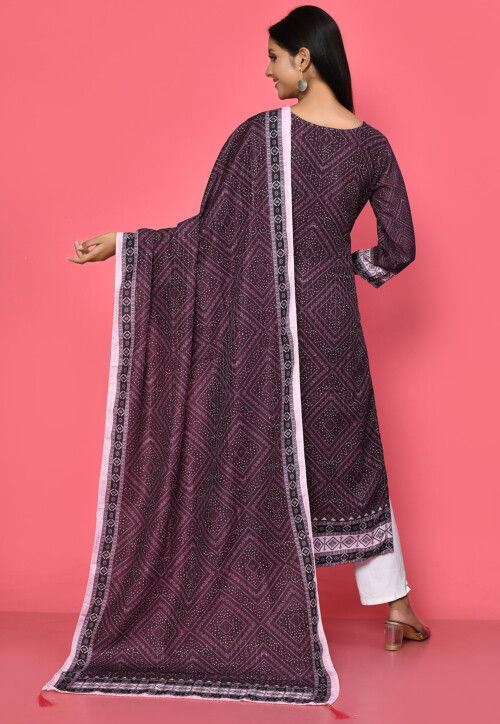 Buy Bandhej Printed Cotton Silk Pakistani Suit in Dark Purple Online ...