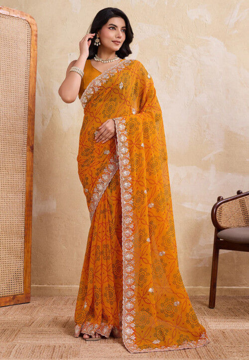 Buy Bandhej Printed Georgette Scalloped Saree in Mustard Online ...