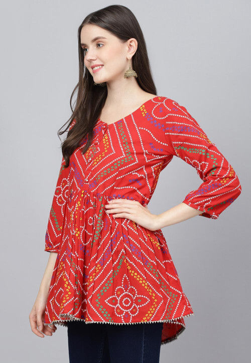 Buy Bandhej Printed Pure Cotton Peplum Style Top In Red Online Tkv379
