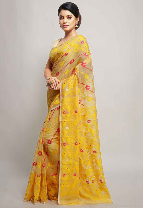 Buy Bengal Handloom Cotton Silk Saree in Light Beige and Yellow Online ...