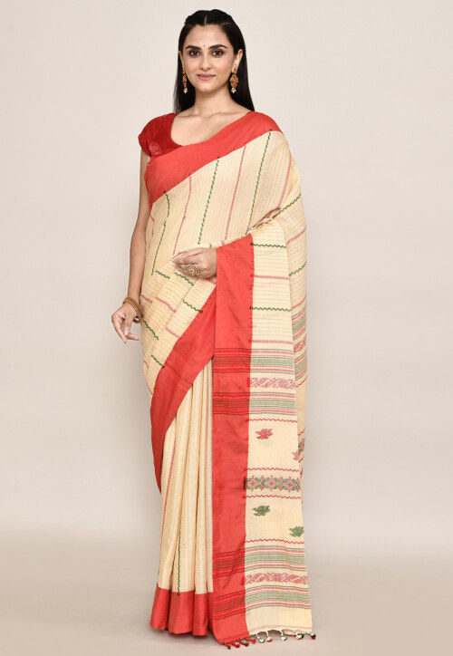 Buy Bengal Handloom Pure Cotton Saree in Light Beige Online : SAQA161 ...