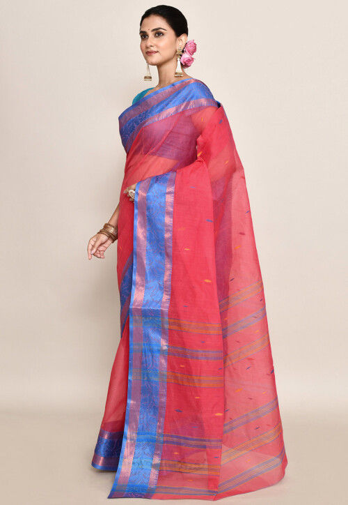 Buy Bengal Handloom Pure Cotton Tant Saree in Coral Pink Online ...