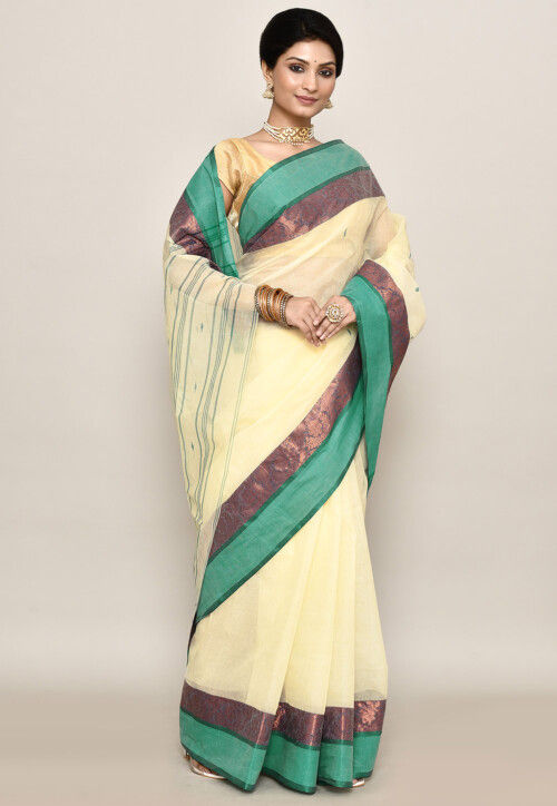 Buy Bengal Handloom Pure Cotton Tant Saree in Cream Online : SAQA199 ...
