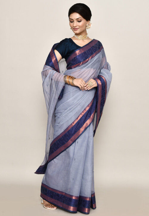 Buy Bengal Handloom Pure Cotton Tant Saree in Light Grey Online ...