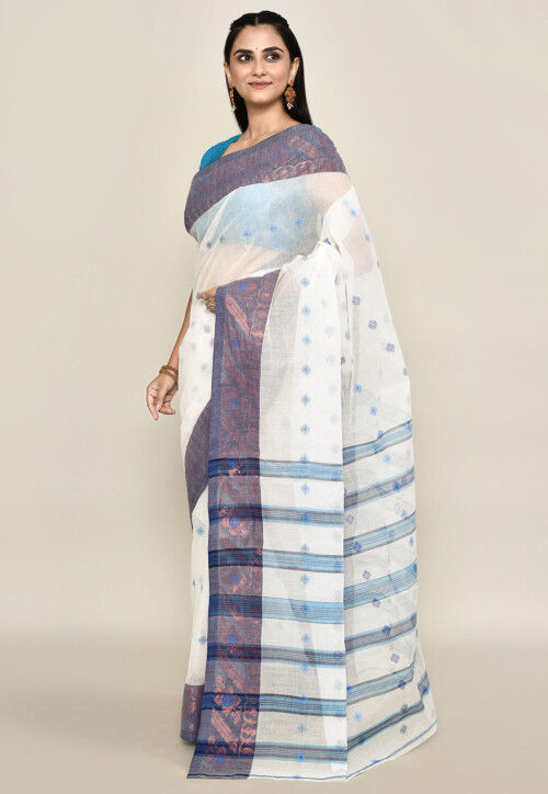 Buy Bengal Handloom Pure Cotton Tant Saree in Off White Online ...