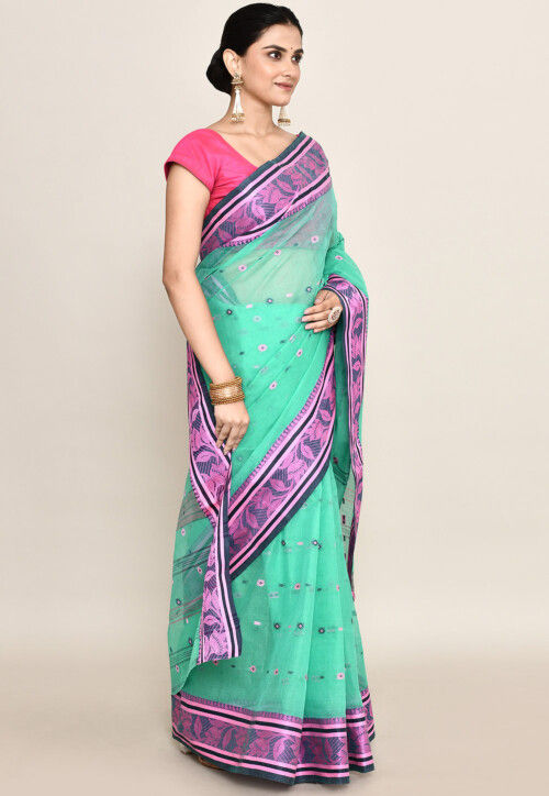 Buy Bengal Handloom Pure Cotton Tant Saree in Sea Green Online ...