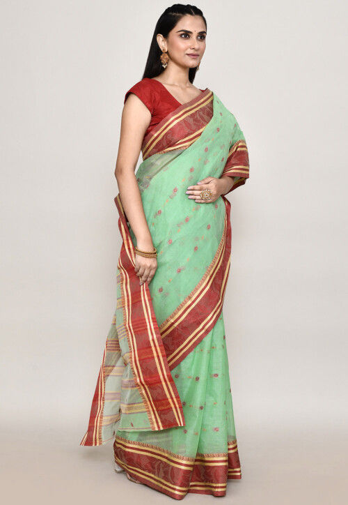 Buy Bengal Handloom Pure Cotton Tant Saree in Sea Green Online ...