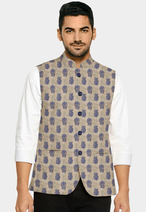 Buy Block Printed Art Silk Nehru Jacket in Beige Online : MTE1018 ...