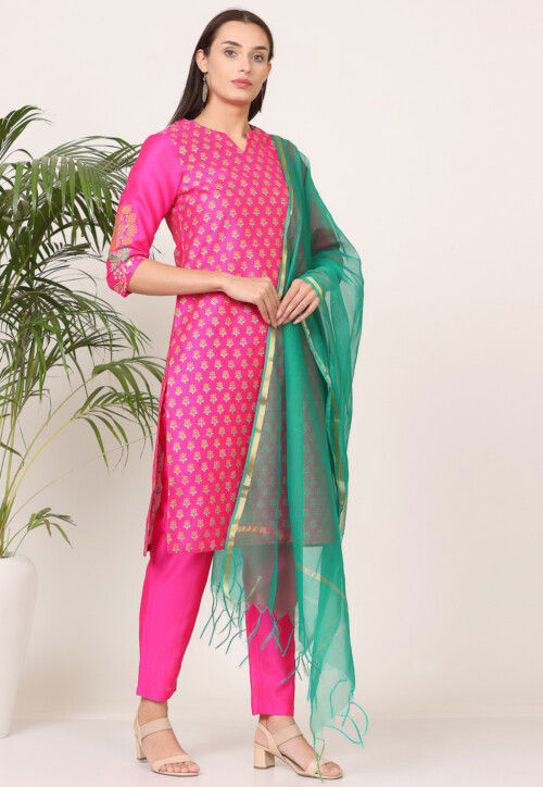 Buy Block Printed Art Silk Pakistani Suit in Pink Online : KCU327 ...
