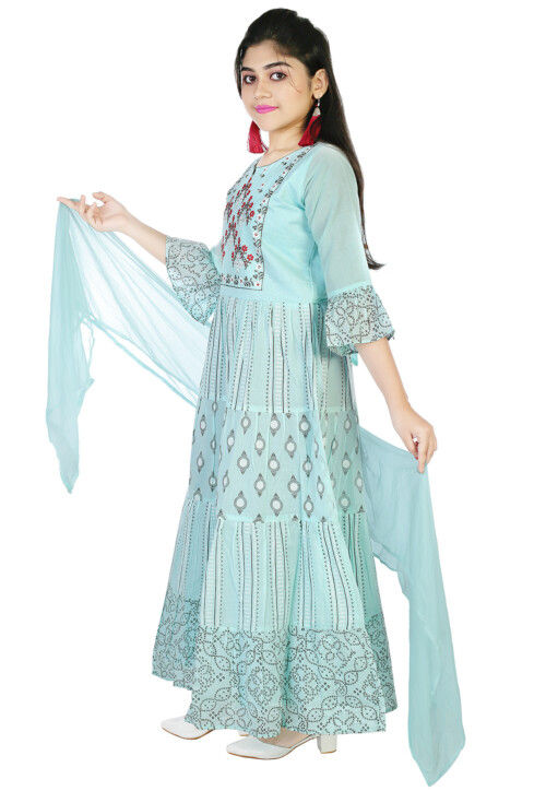 Buy Block Printed Cotton Abaya Style Suit in Light Blue Online : USX25 ...